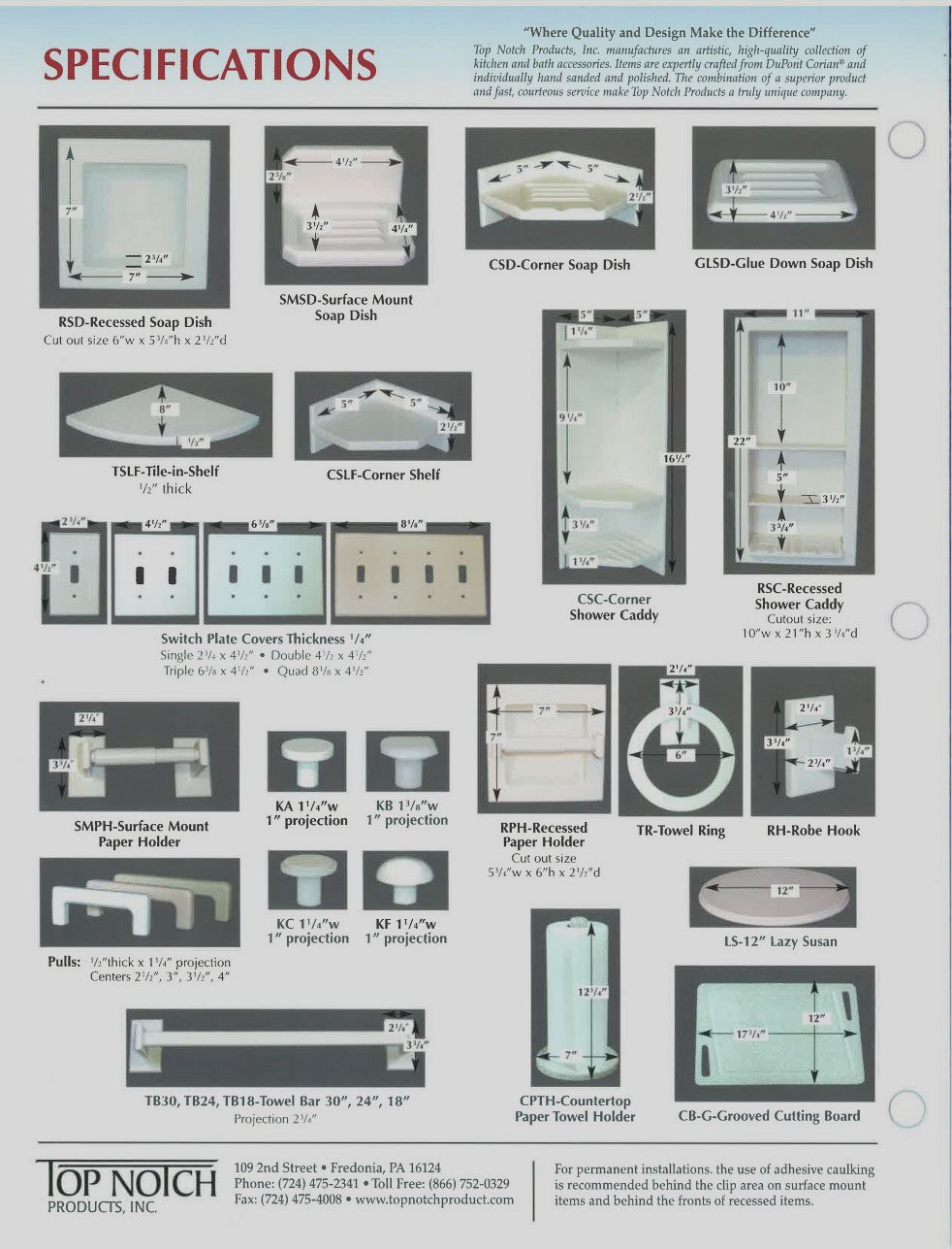 Accessories Specifications | Top Notch Products Inc