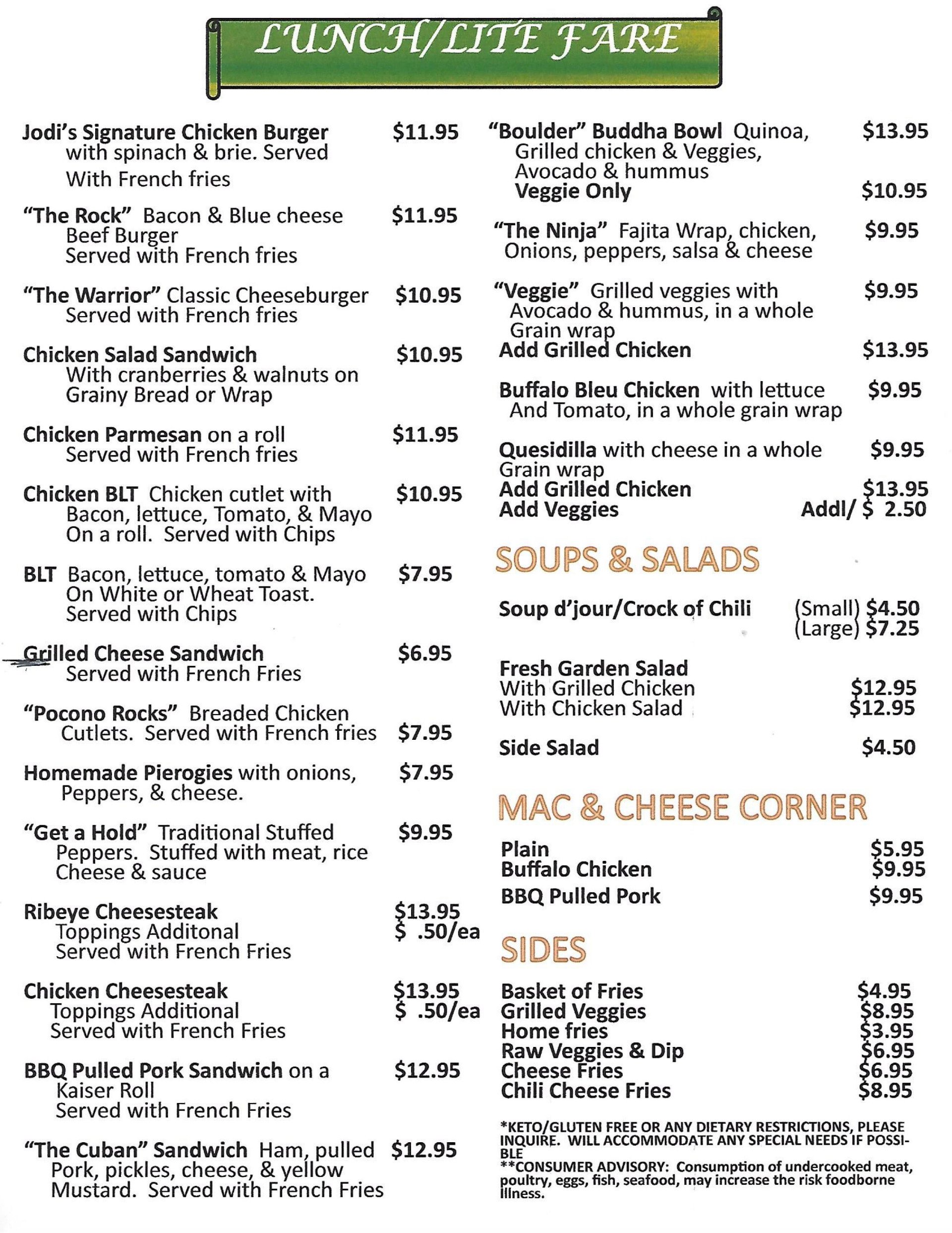 Pocono Rocks! & Little Rock Cafe Menu | Mount Pocono, PA
