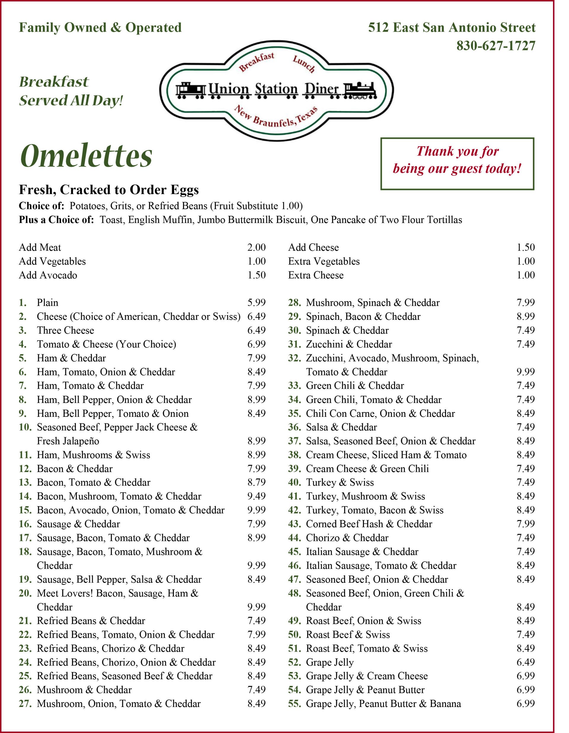 Union Station Diner Menu | New Braunfels, TX