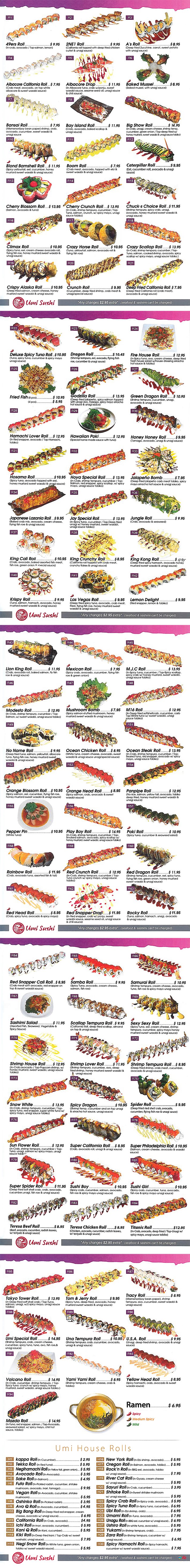 Umi Sushi | Sushi A La Carte Menu - Modesto, CA