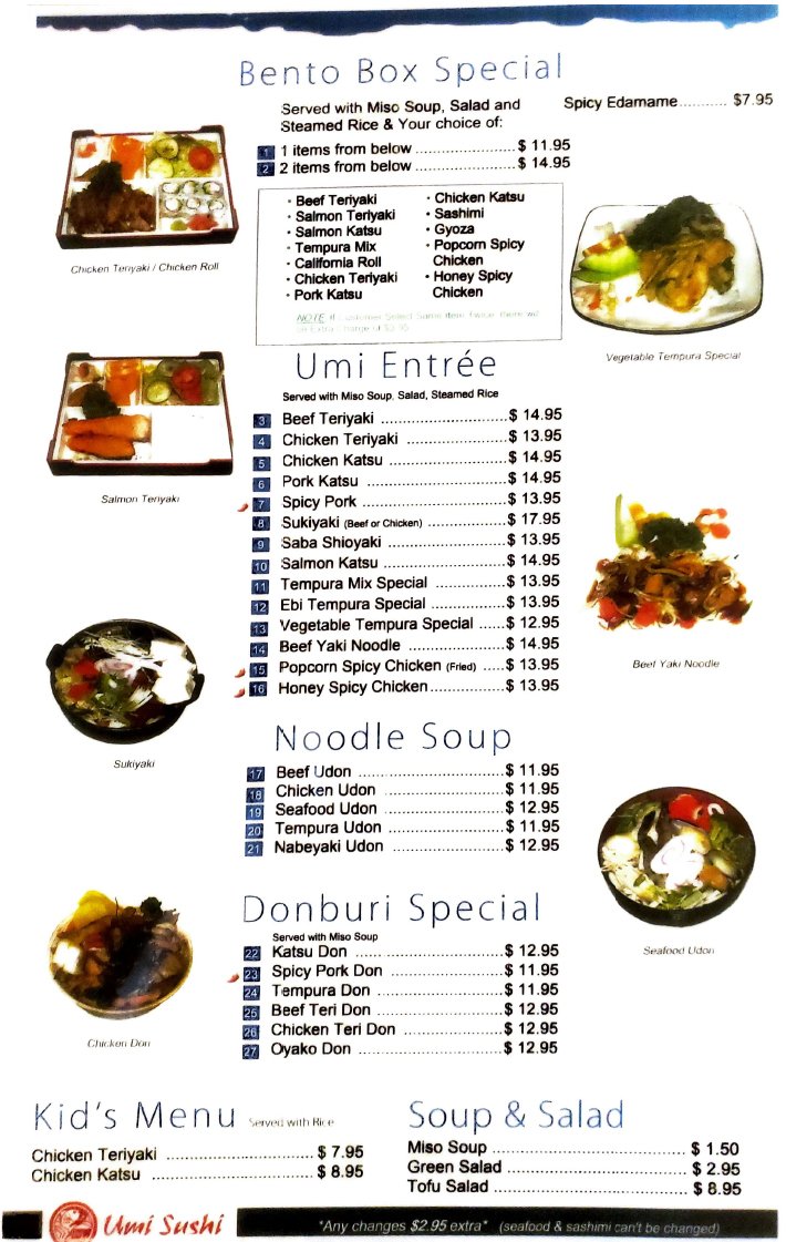 Umi Sushi | Dinner Menu - Modesto, CA