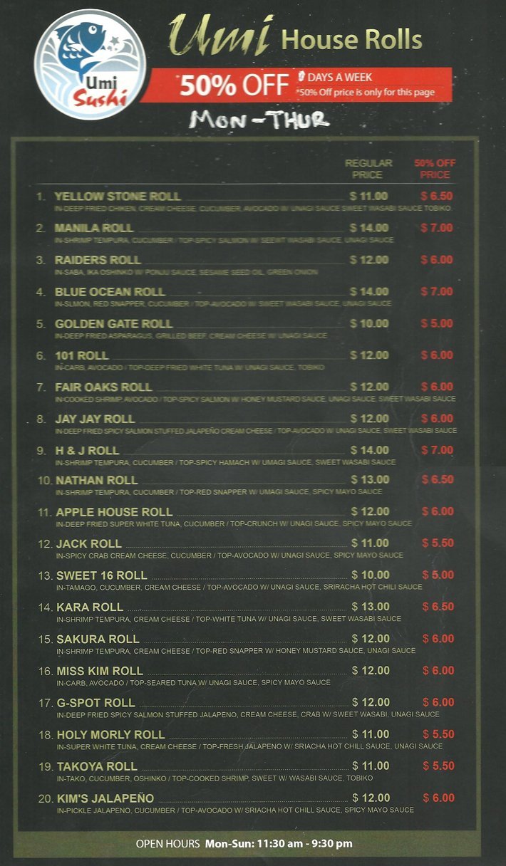 Umi Sushi | Sushi A La Carte Menu - Modesto, CA