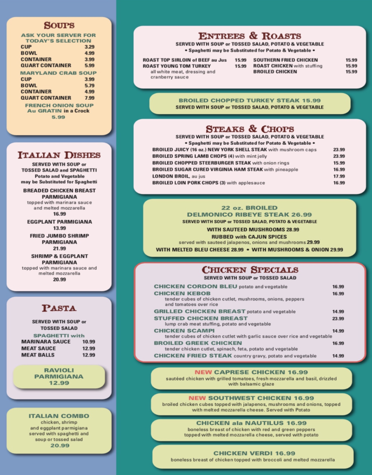 Nautilus Diner-Restaurant Crofton Menu | Crofton, MD