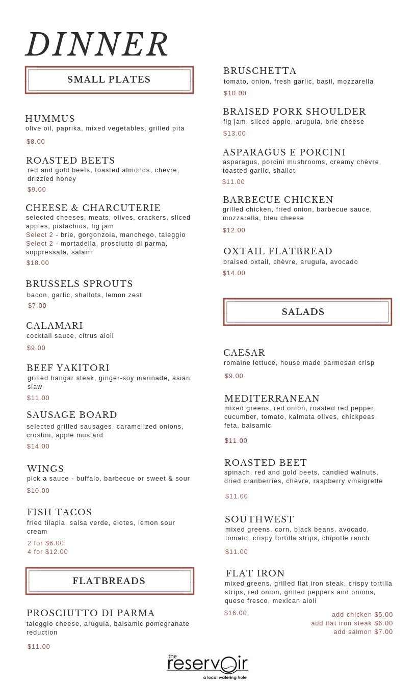 The Reservoir Menu | Chicago, IL