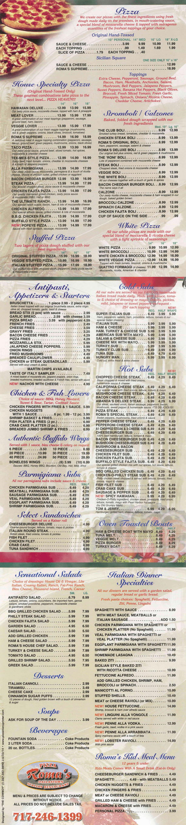 Roma's Pizza and Restaurant Menu | Dallastown, PA