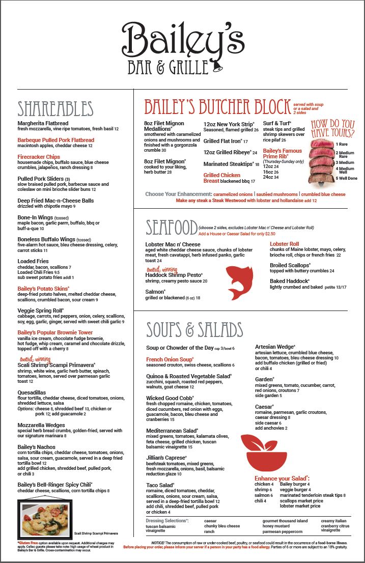 Bailey's Bar & Grille Menu | Townsend, MA